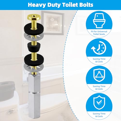 Hibbent 2 PCS Universal Toilet Seat Bolts Kit, Heavy Duty Solid Brass Toilet Bolts with Extra Long Stainless Steel Downlock Nuts Rubber Washers Gaskets, Easy to Install - Bathroom Toilet Repair Screw