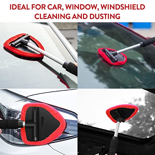 Windshield Cleaning Tool, Car Window Cleaner Windshield Cleaner with Extendable Long Handle and 3 Washable Reusable Microfiber Cloth, Mini Duster Cleaner and Brush