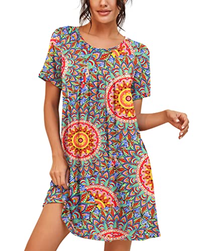 PrinStory Womens Sleepwear Short Sleeve Nightgown Soft Sleepshirt Pleated Nightshirt Scoopneck Casual Loungewear FP-Peacock Blue-Large