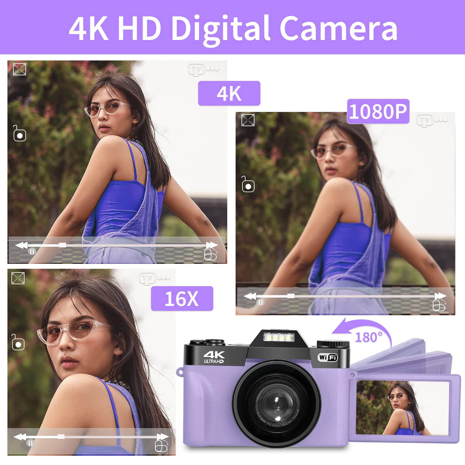 Digital Cameras for Photography, 4K 48MP Vlogging Camera 16X Digital Zoom Manual Focus Rechargeable Students Compact Camera with 52mm Wide-Angle Lens & Macro Lens, 32G Micro Card and 2 Batteries