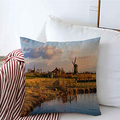 Throw Pillow Cushion Pillowcase Windmill Farm River Landscape Sky Canal Architecture Nature Holland Parks Field Village Outdoor Linen Square Pillow Covers for Couch Sofa Home Decor 18x18 Inch