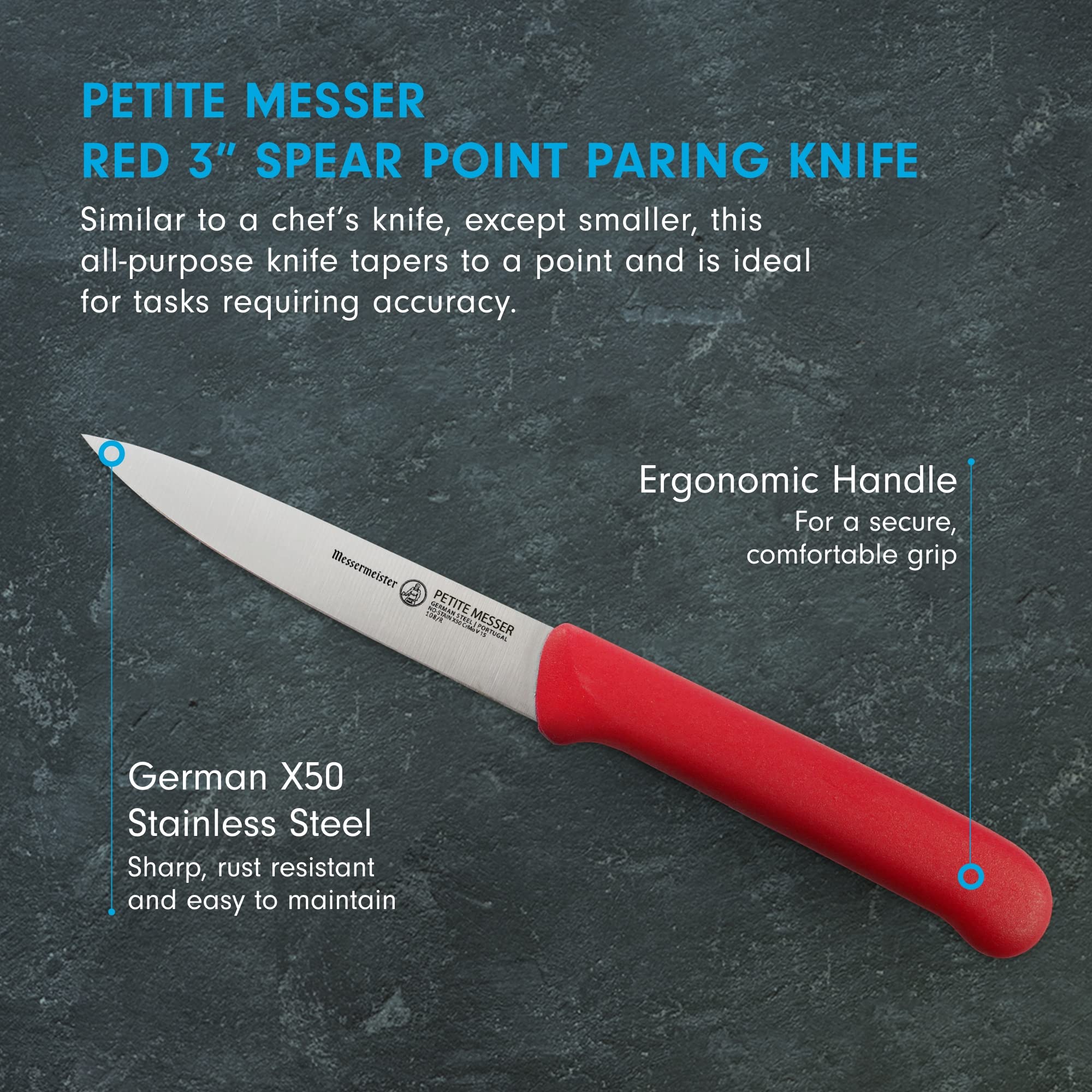 Messermeister Petite Messer 4” Spear Point Parer with Matching Sheath, Red - German 1.4116 Stainless Steel & Ergonomic Handle - Lightweight, Rust Resistant & Easy to Maintain