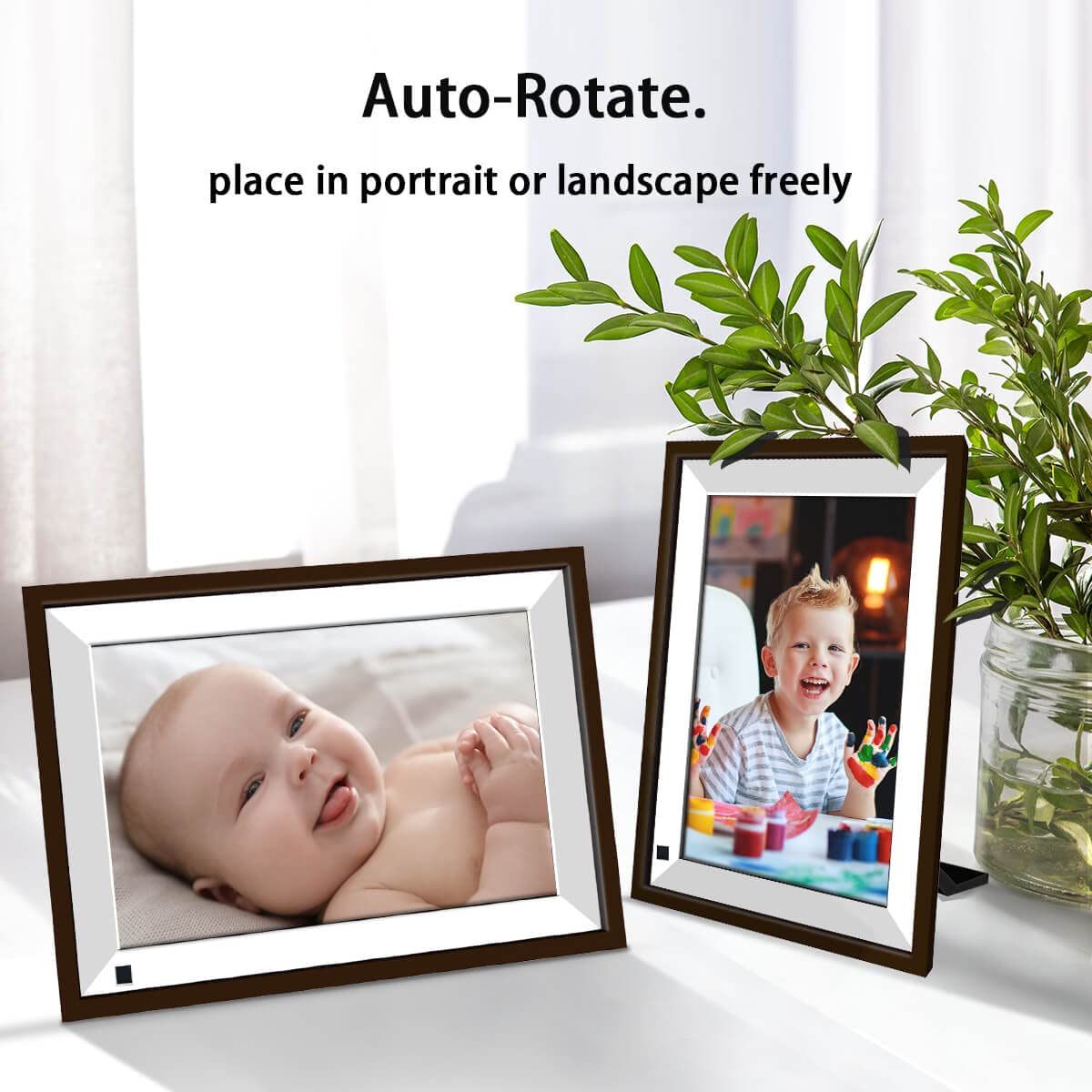 Digital Picture Frame,JREN 10.1 inch WiFi Digital Photo Frame with HD Touch Screen Auto-Rotate, Share Photos and Videos via FRAMEO App Anytime and Anywhere Plastic Frame Color Brown