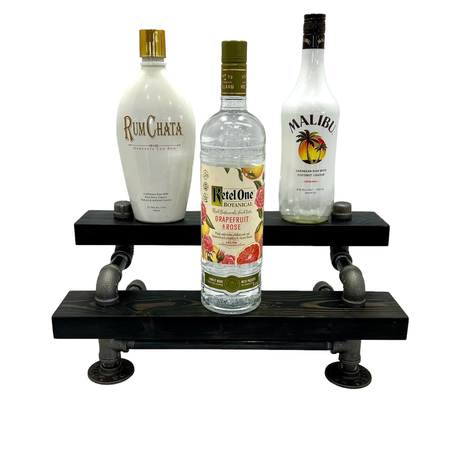 Freestanding Liquor Shelf | 2 Tier Industrial Bar Display | Liquor Bottle Display | Wood Wine Shelf | Bar Organization | Tiered Bottle Shelf (24", Aged Barrel)