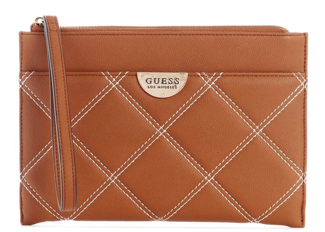 GUESS Women's Boonville Quilted Wristlet Phone Wallet Clutch Bag - Cognac