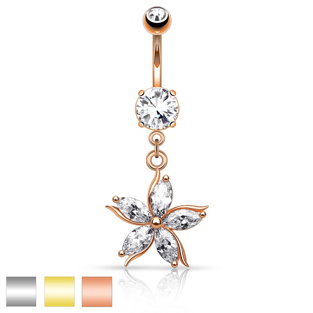 Dynamique Flower with CZ Shard Petals Dangle 316L Surgical Steel Belly Button Ring (Sold Per Piece)
