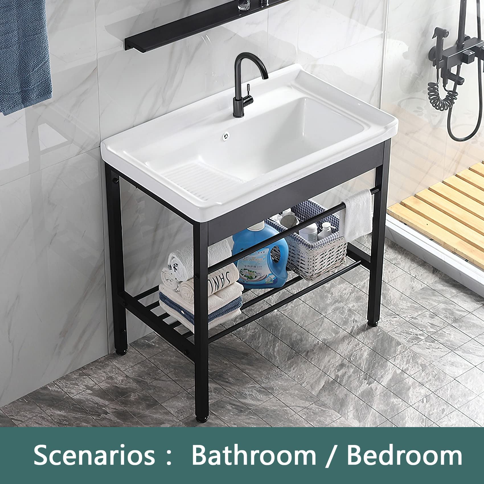 Freestanding Sink, 28.3" × 19" × 32.3" Ceramic Utility Sink with Washboard Set with Bracket and Drain Kit for Laundry Room, Garage, Basement, Outdoor and Indoor