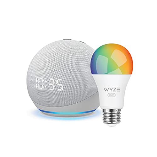 Echo Dot (4th Gen) | Smart speaker with clock and Alexa | Glacier White with Wyze Color bulb