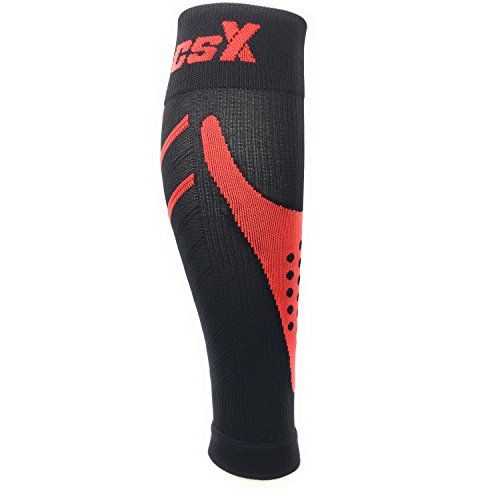 CSX 15-20 mmHg Compression Sleeve for Men and Women, Leg Calf Support, Athletic Sport Fit, Red on Black, Medium