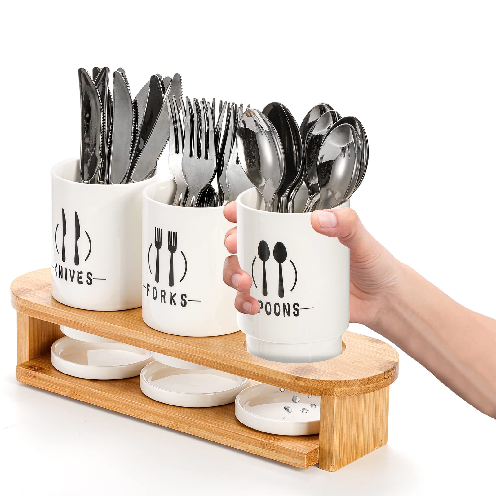 Fasmov Flatware Holder, 3 Pack Silverware Caddy with Bamboo Rack, Utensil Holder Ceramic Flatware Caddy White Ceramic Cutlery Organizer for Forks, Spoons, Knives
