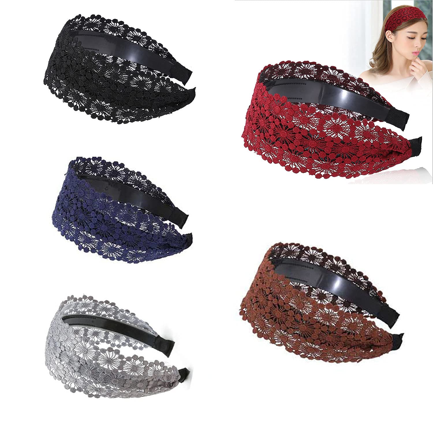 DORIS&JACKY Fashion 2.5 Inch Wide Lace Headbands Elastic Hairbands With Teeth Headwear Accessories For Women And Girls (LACE-5 pcs)âŚ