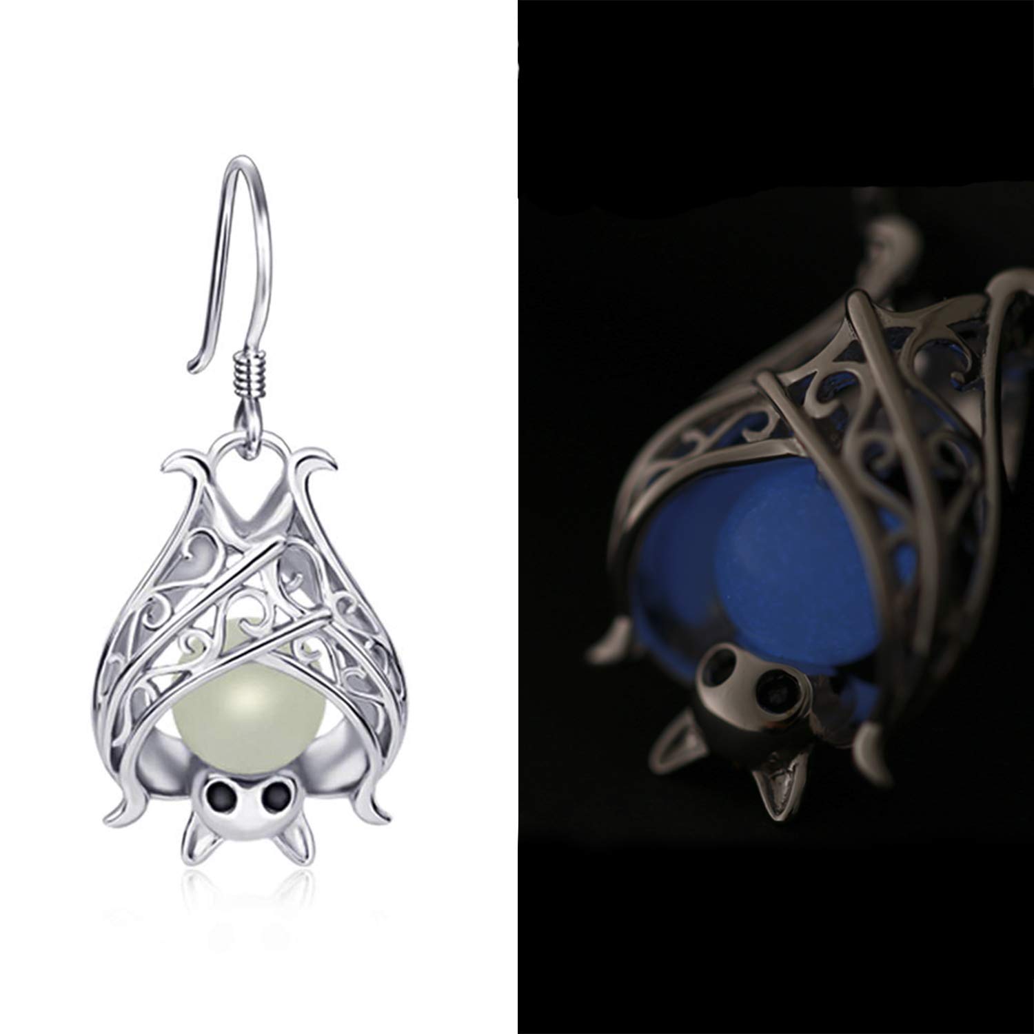 Cute Bat Earrings Sterling Silver Glowing in The Dark Animal Dangle Earring Little Witchy Vampire Halloween Jewelry Gift for Girl Teens (White)