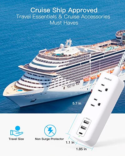 Cruise Essentials, USB C Travel Power Strip, Flat Plug Power Strip with 2 Outlets 3 USB Ports (1 USB C), 5ft Extension Cord Charging Station, Non Surge Protector for Cruise Ship, Travel, Home
