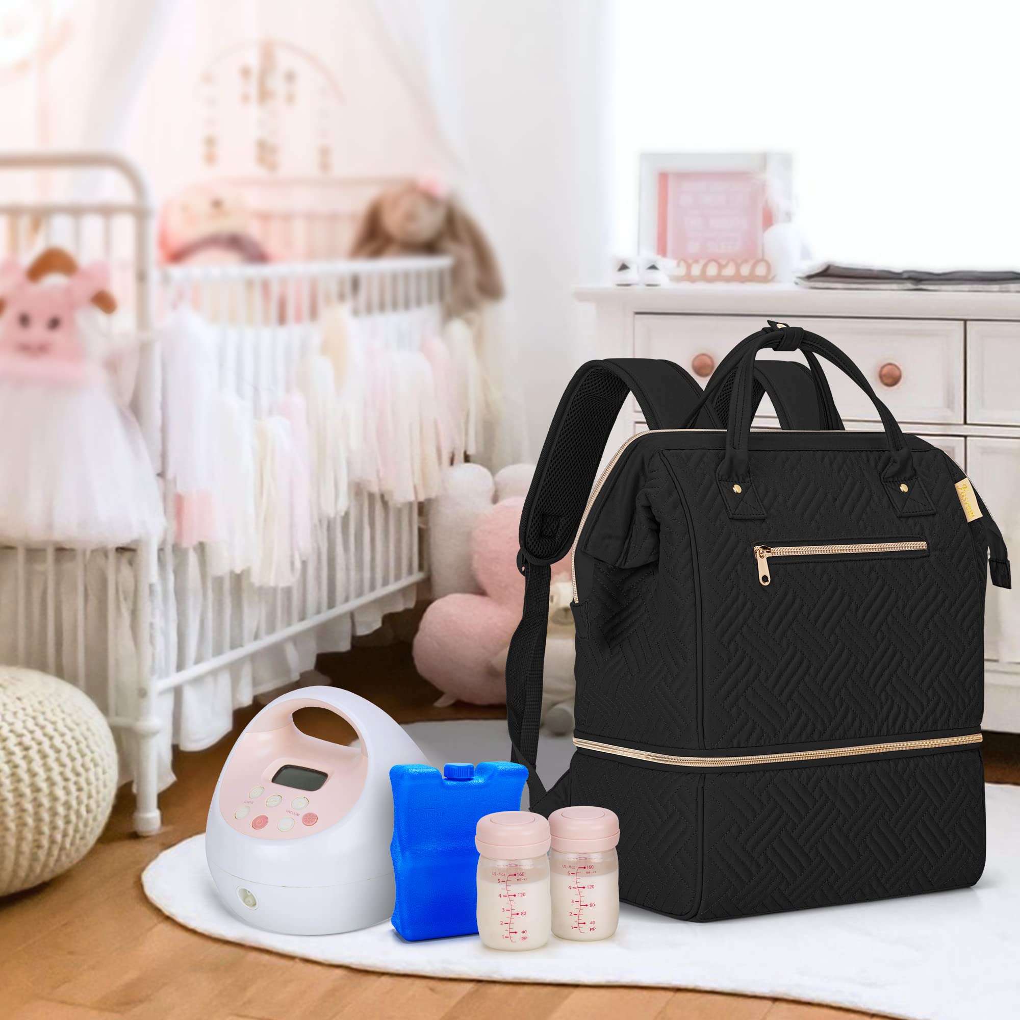Fasrom Breast Pump Bag Backpack with Cooler Compatible with Spectra S1, S2 and Medela Pumps, Wearable Pumping Bag with Waterproof Mat for Working Moms, Black (Patent Design)