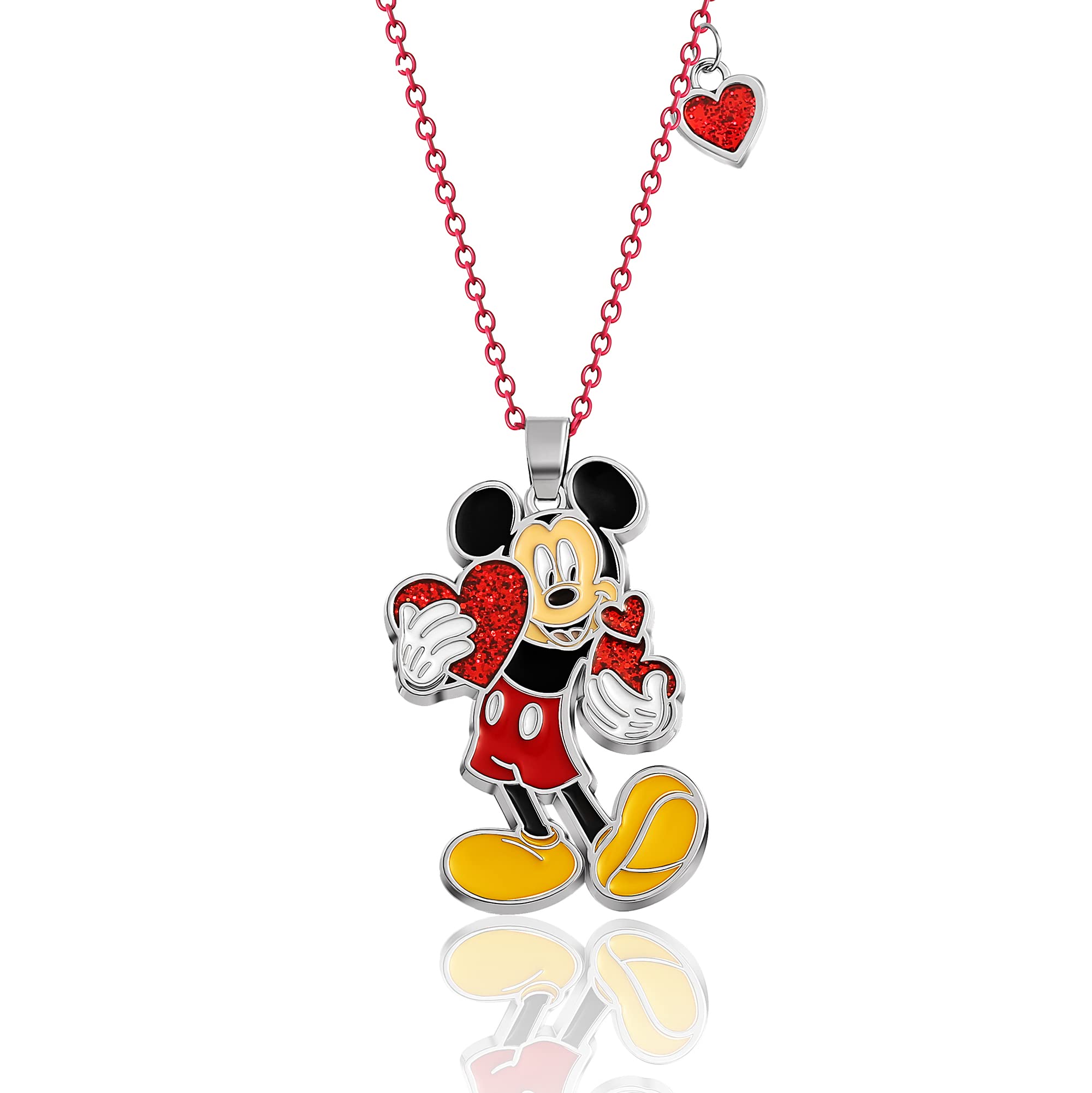 Disney Womens Mickey Mouse Necklace 16" + 2" - Red Chain Necklace with Red Heart Charm and Mickey Mouse Pendant - Mickey Mouse Gifts