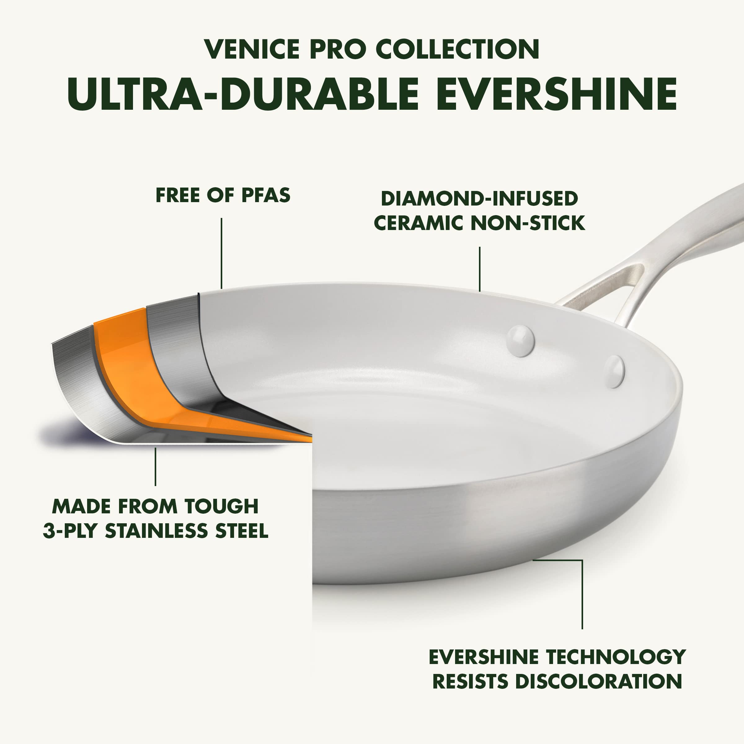 GreenPan Venice Pro Tri-Ply Stainless Steel Healthy Ceramic Nonstick 5QT Saute Pan Jumbo Cooker with Helper Handle and Lid, PFAS-Free, Multi Clad, Induction, Dishwasher Safe, Oven Safe, Silver
