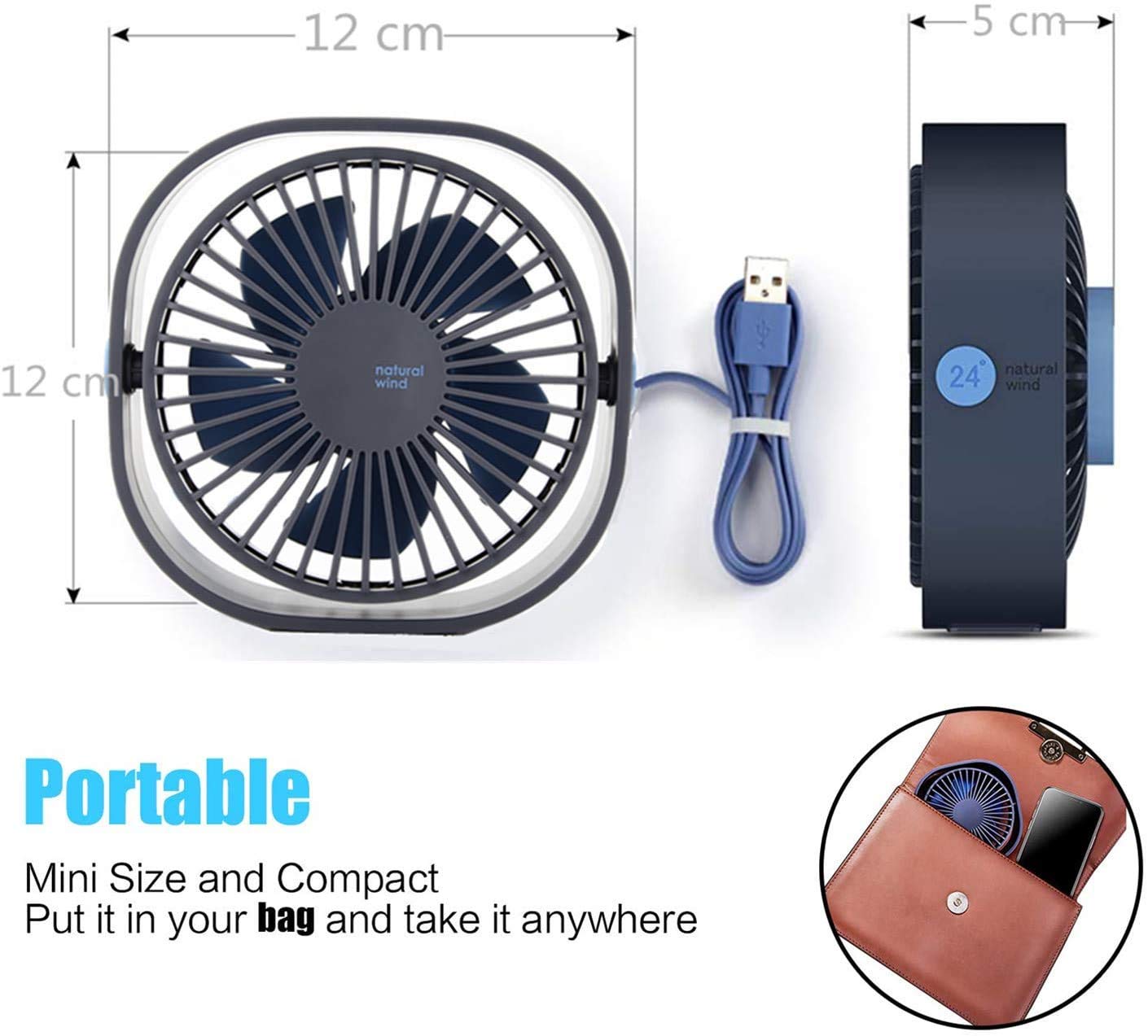 COMLIFE USB Desk Fan with Remote, 8 inch Portable Table Fan with 3 Speeds Strong Airflow, RGB Light, Quiet Operation and 360°Rotate for Home Office Bedroom