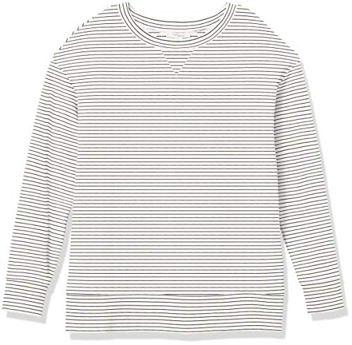 Daily Ritual Women's Terry Cotton and Modal Oversized-Fit Long-Sleeve Crewneck Sweatshirt, White/Black, Stripe, X-Large