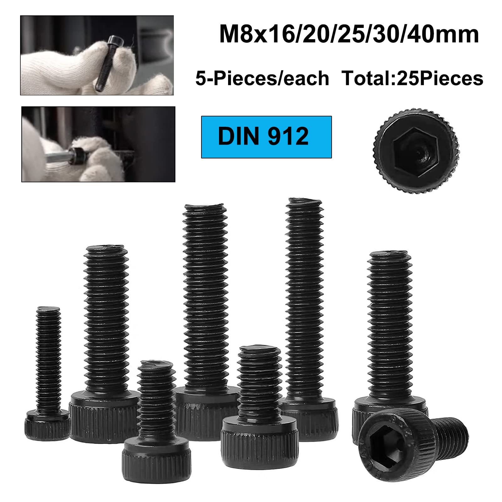 HanTof 70PCS Grade 12.9 Alloy Steel Hex Socket Head Cap Screws Bolts, M6 x 8/12/16/20/30mm Allen Head Hex Drive Machine Screws Set with Hex Wrenches, Black Oxide Finish, Fully Threaded Pitch : 1.0 mm