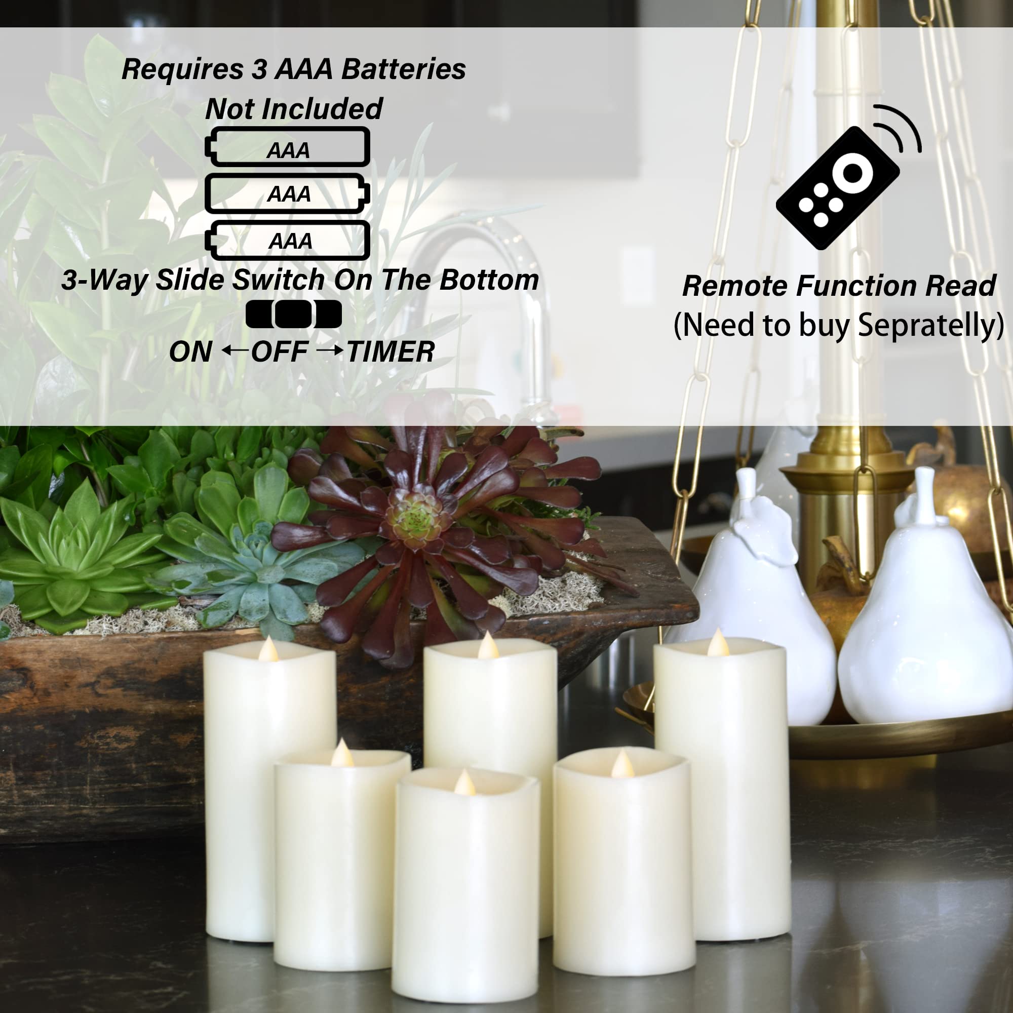 HoogaLife Flameless Candles Flickering Flame Effect (D 3" x H 4") Ivory Auto-Moving 3D Wick, LED Pillar Candles Real Wax with Timer Battery Operated and Remote to Buy Separately