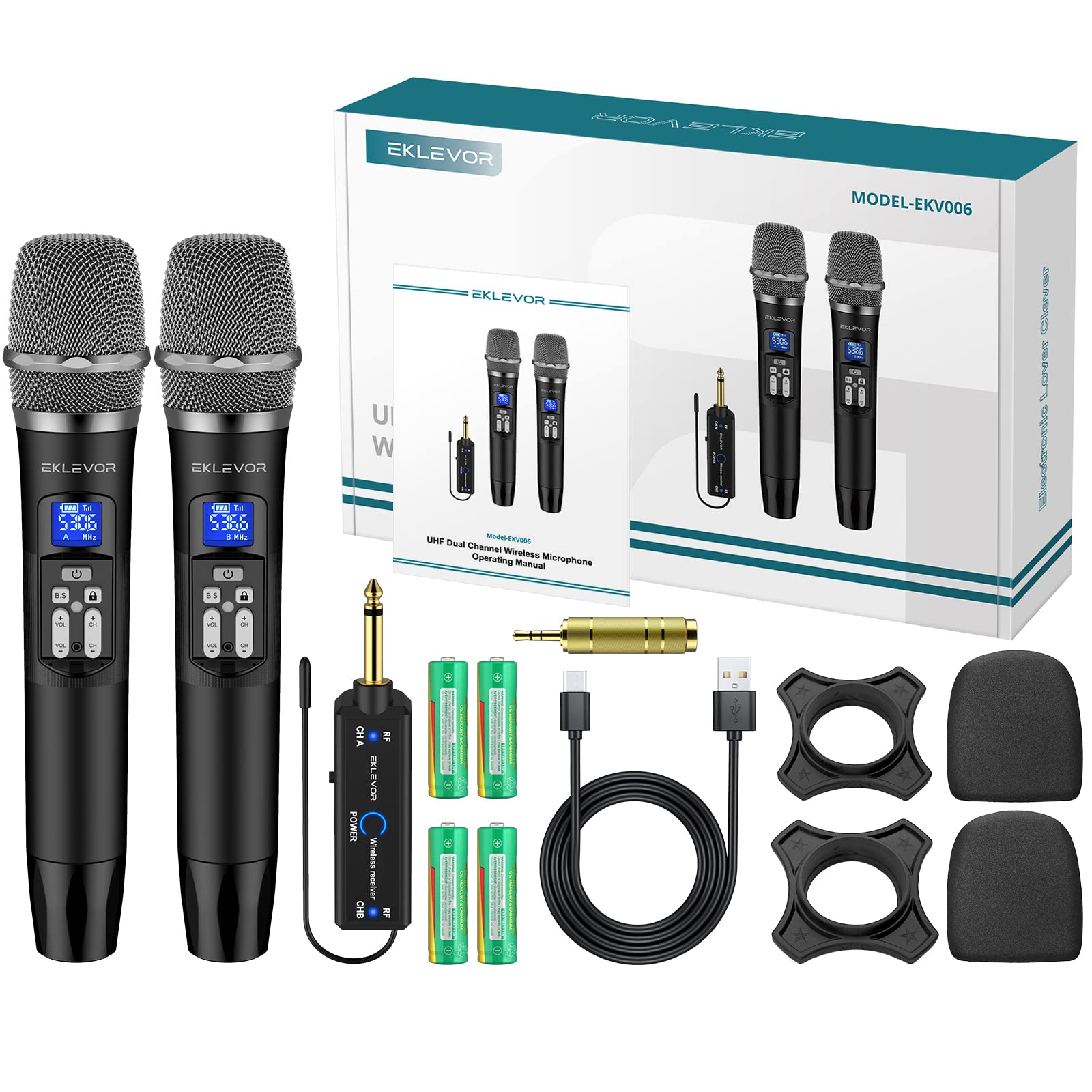 EKLEVOR Wireless Microphone, Portable UHF Handheld Karaoke Dynamic Microphone System with Rechargeable Receiver,160ft Range 2X25 Channels Karaoke Mics Set for Singing, Wedding, Speech, AMP