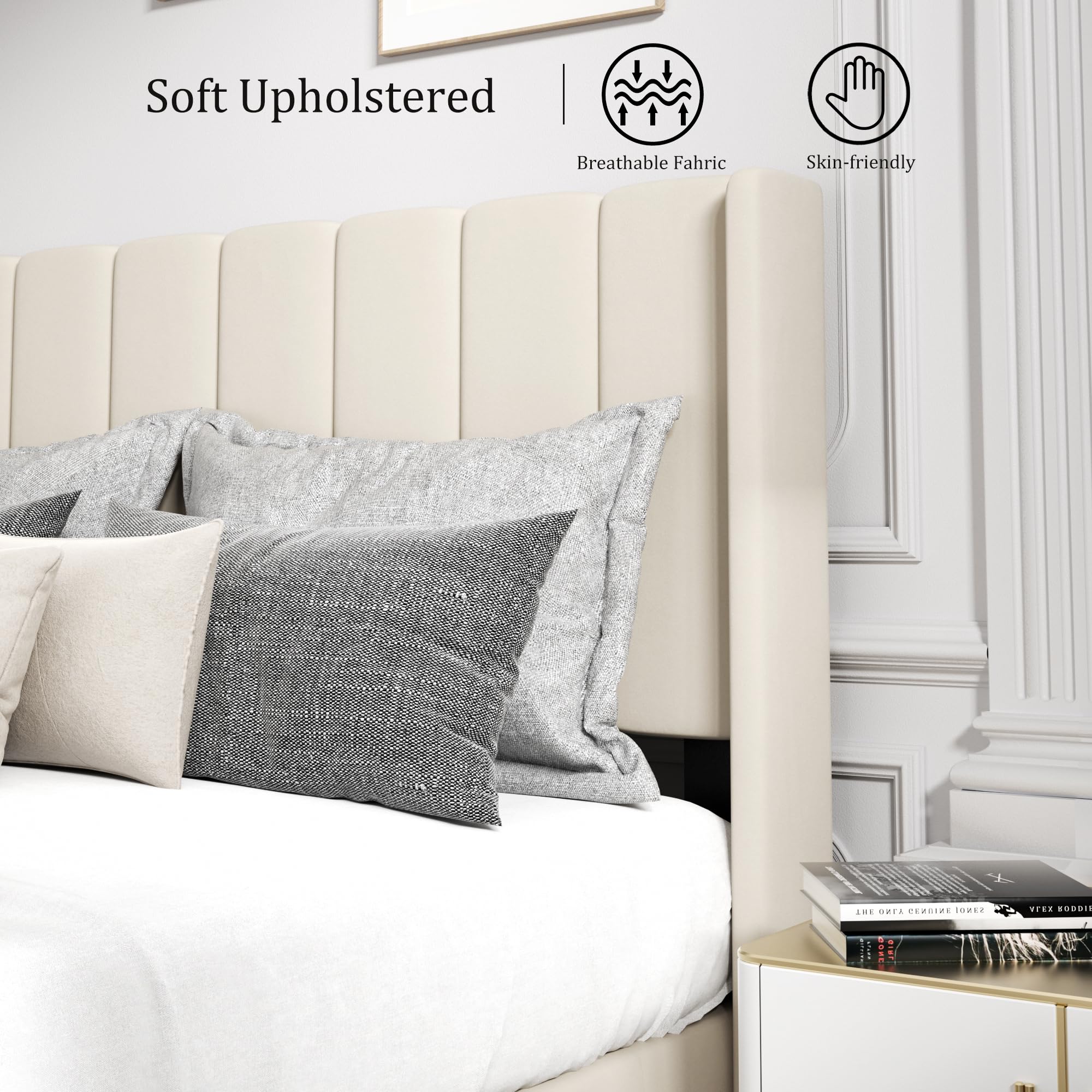 HAOARA Queen Size Velvet Bed Frame with Vertical Chanel Tufted Headboard and Wingback, Upholstered Platform Bed, Strong Wooden Slats, No Box Spring Needed, Beige