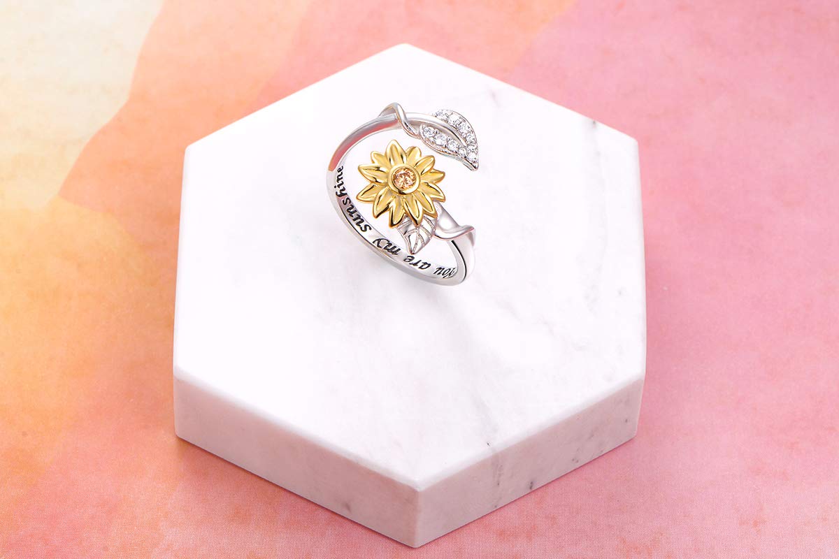 DAOCHONG Sterling Silver You are My Sunshine Sunflower CZ Heart Ring Adjustable Size 5-9 (7)