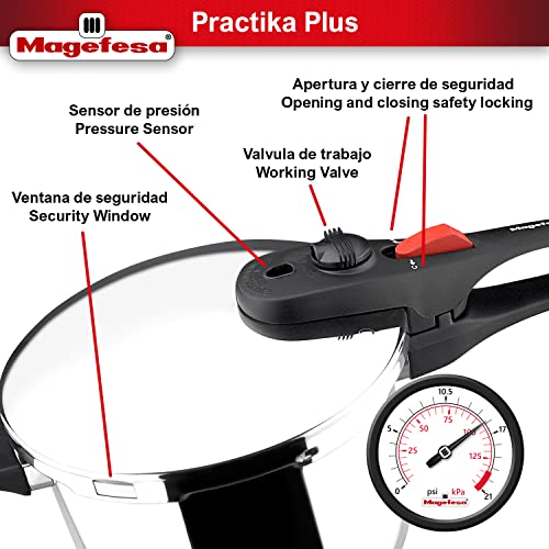Magefesa® Practika Plus Super Fast pressure cooker, 6.3 Quart, 18/10 stainless steel, suitable induction, excellent heat distribution, 5-layer encapsulated heat diffuser bottom, 5 safety systems
