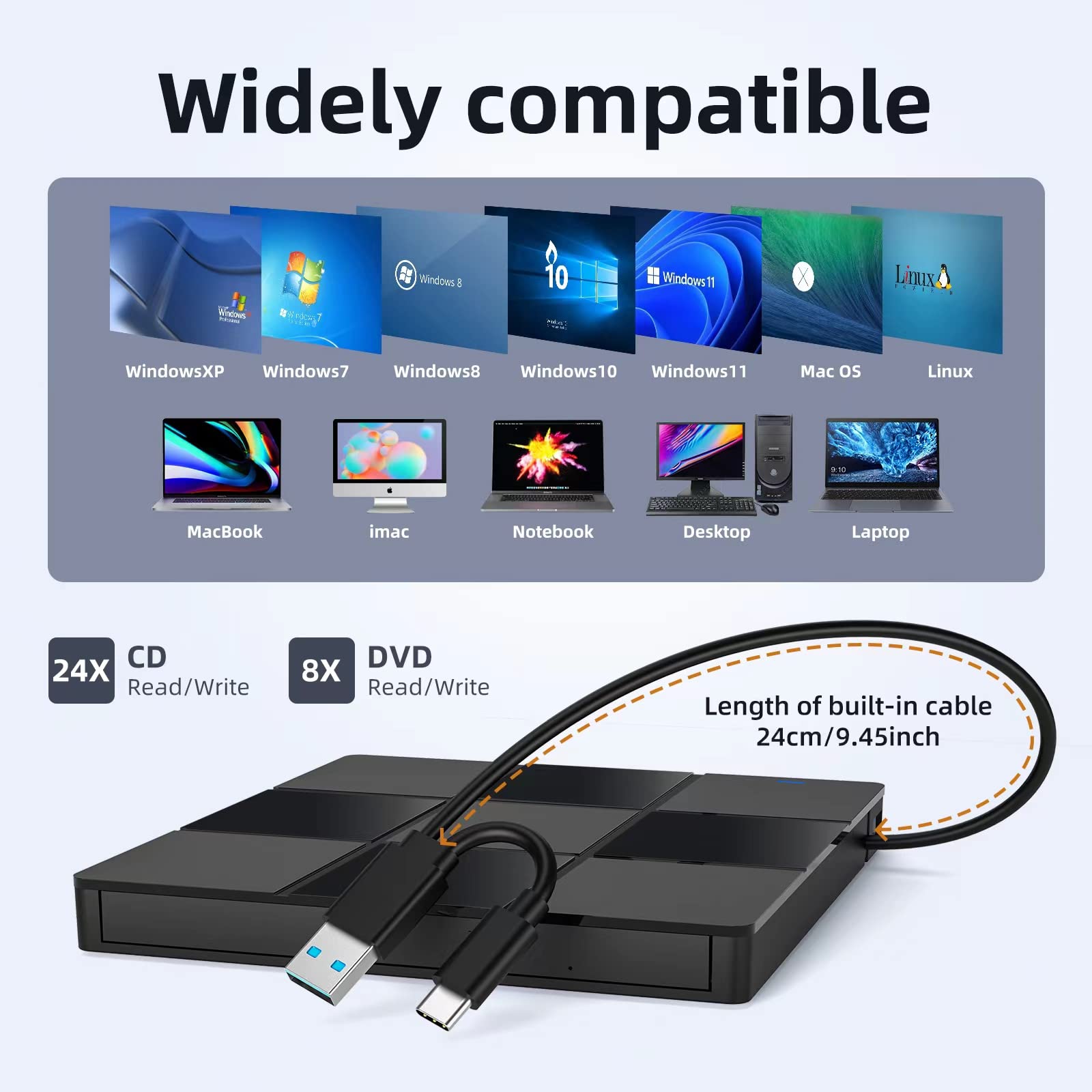 FOESUNIT External DVD Drive, USB 3.0 CD DVD +/- RW Burner - PLUG and PLAY - Optical DVD CD ROM Drive for Laptop PC Computer, USB CD DVD Adapter Compatible with Windows 11/10 Mac OS