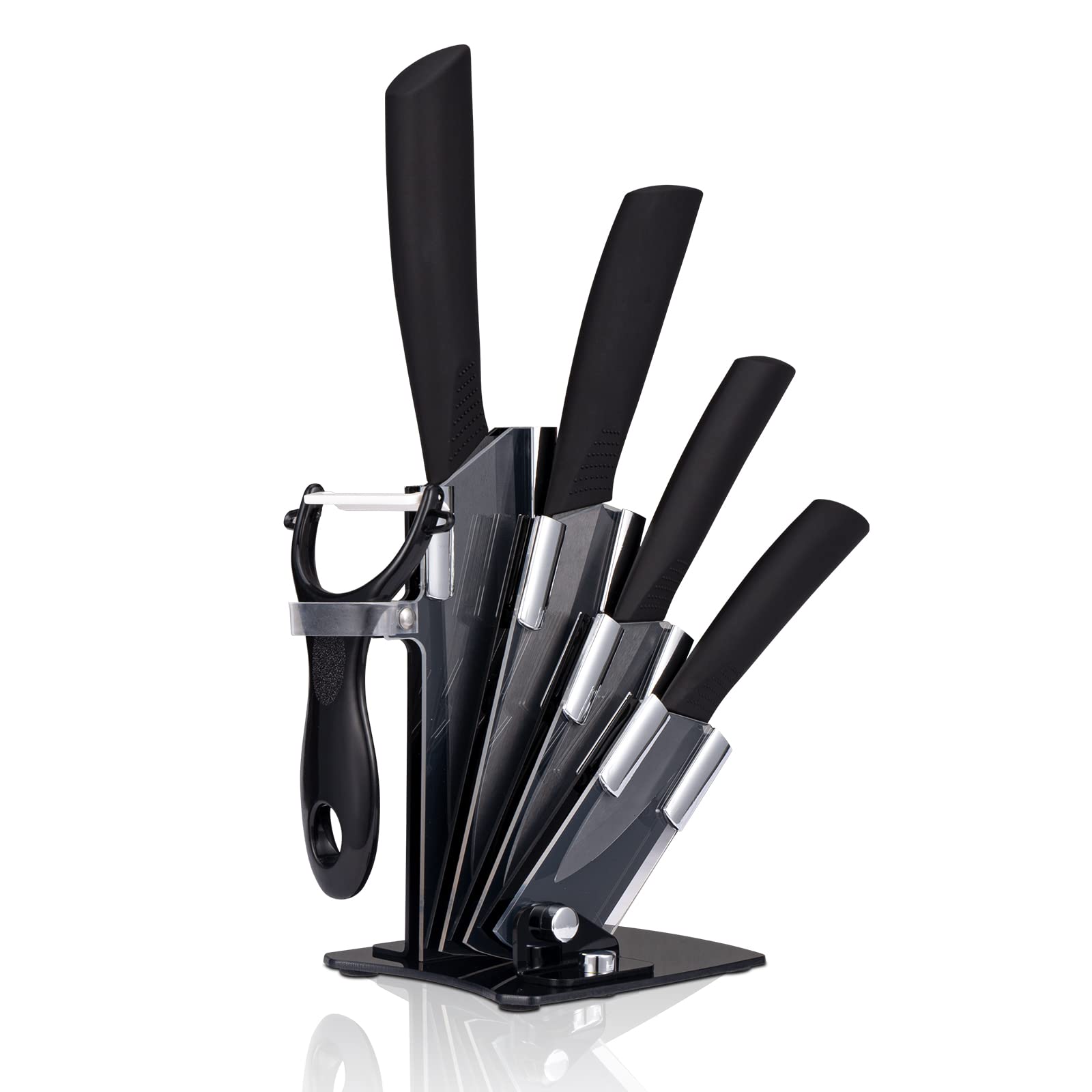 CHUYIREN Ceramic Knife Set, Ceramic Knives with Block, Ultra Sharp Rust Proof Stain Resistant knife with Ergonomic Anti-slip Handle, 5 Pcs, Black