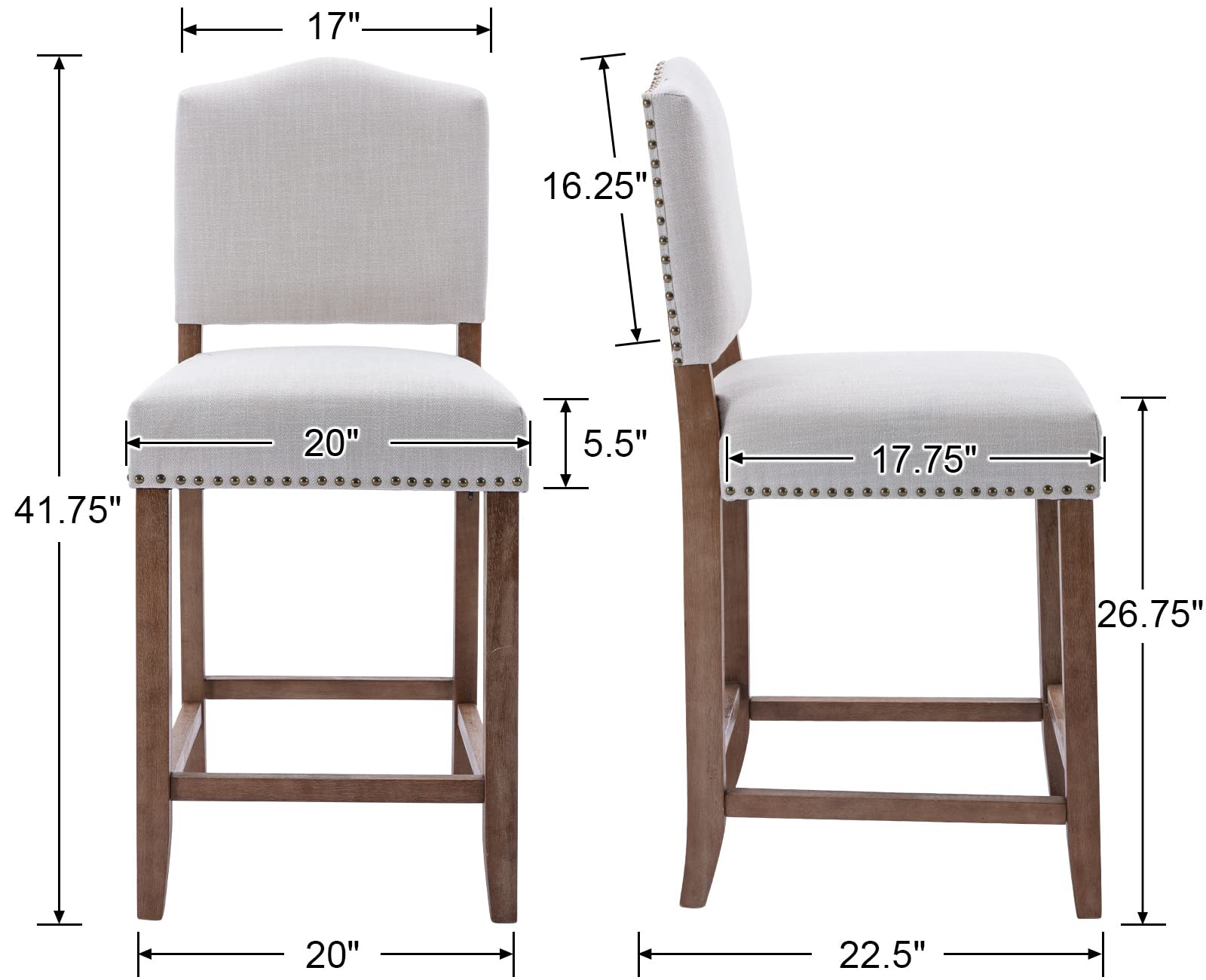 EALSON Farmhouse Bar Stools Set of 2 Bar Height Kitchen Barstools with Back Mid Century Modern Wooden Bar Chairs Linen Upholstered High Counter Stools for Home Bar/Island/Pub, 30 Inch Beige
