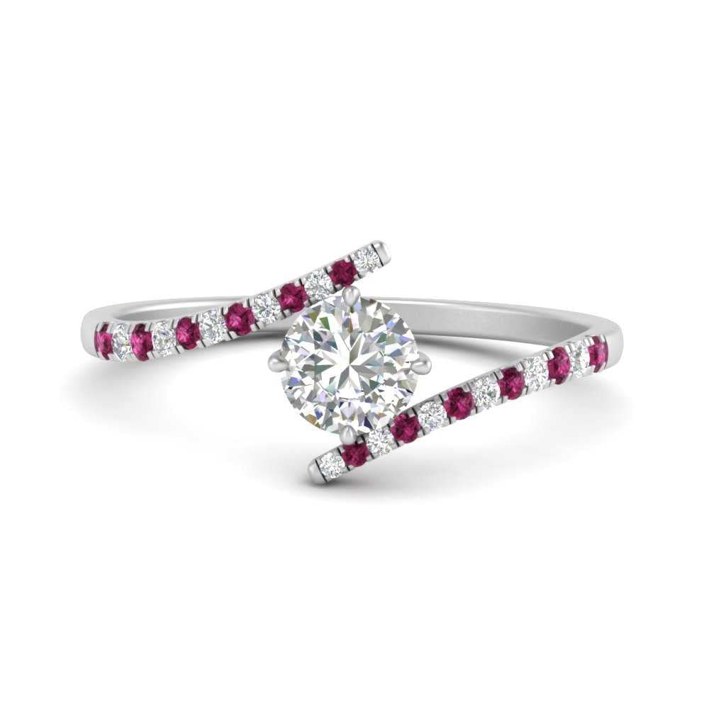CustomizedGifts Bypass Modern Round Diamond Ring sterling silver Created Pink Sapphire Round shape Pink color Side Stone Engagement Rings prong Setting in Size 11 Casual Wear for Gift