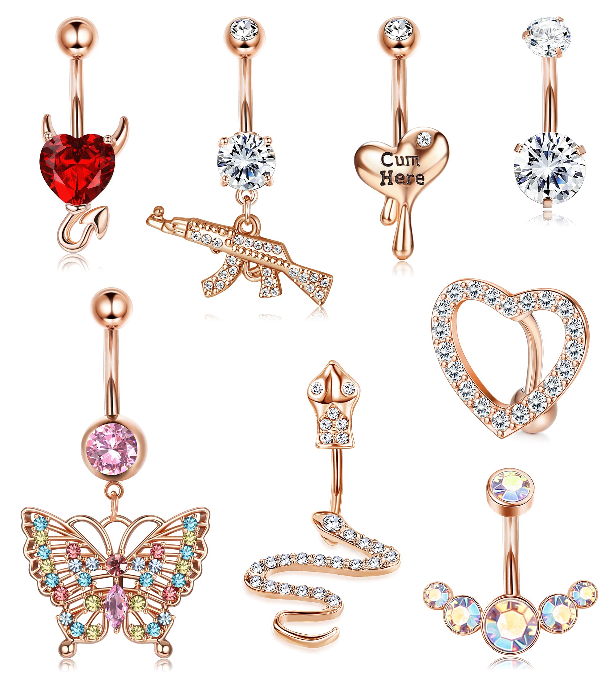 Drperfect Belly Button Rings for Women 14G Stainless Steel Belly Rings Navel Rings Cute Butterfly Snake Devil Heart Dangle Belly Button Piercing Jewelry