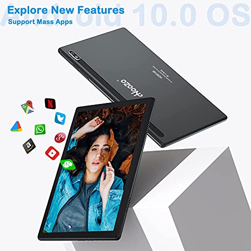Hoozo Tablet 10 Inch, Android 10 Tablets with 6000mAh Long Battery Life, Quad Core HD Touch Screen, 32GB, 8MP Camera, WiFi BT Google Play Tabletas PC - Black