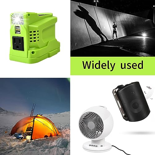 Portable Power Inverter for Ryobi 18V Battery 200LM LED Flashlight 150W Inverters Generator Power Source for 18V 2 USB AC Output, DC 18V to AC 110~120V（Tool ONLY） Green