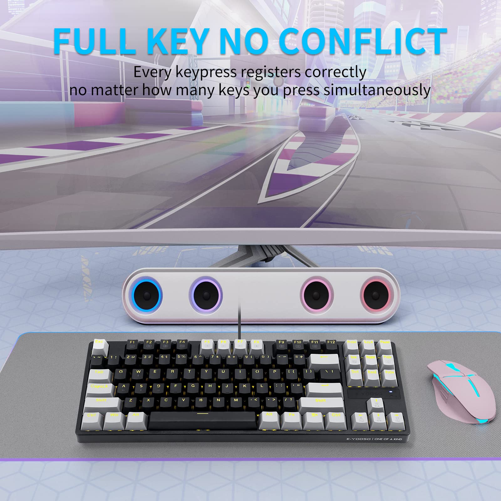 HUO JI E-YOOSO Z-87 Mechanical Gaming Keyboard 87 Key LED Backlit Wired with Anti-Dust Proof Switches Tenkeyness for Windows PC (Blue Switches,Black and Grey)