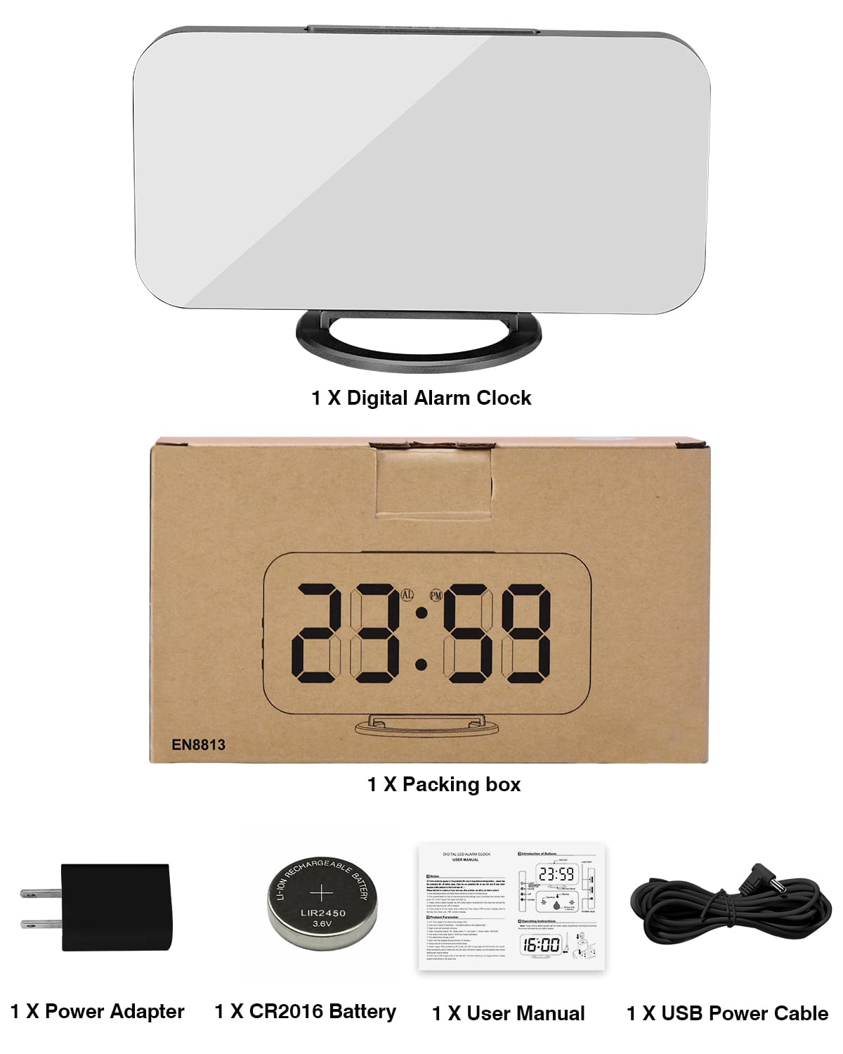 Digital Alarm Clocks,7" LED Mirror Electronic Clock,with 2 USB Charging Ports,Snooze Mode,Auto Adjust Brightness,Modern Desk Wall Clock for Bedroom Living Room Office - Black