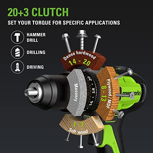 Greenworks 24V Brushless 1/2" Hammer Drill (Metal Chuck / 530 in.-lbs. / 20+3 Clutch / LED Light) + 5 PC Drill Bits, 2.0Ah Battery and Charger Included