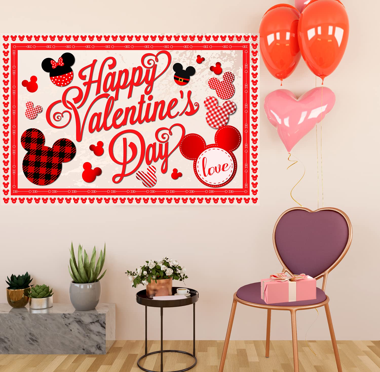 Happy Valentine's Day Backdrop, Cartoon Mouse Theme Valentines Backdrops for Photography Red Mouse Pattern Romantic Love Banner Background for Valentines Wedding Propose Marriage Decor