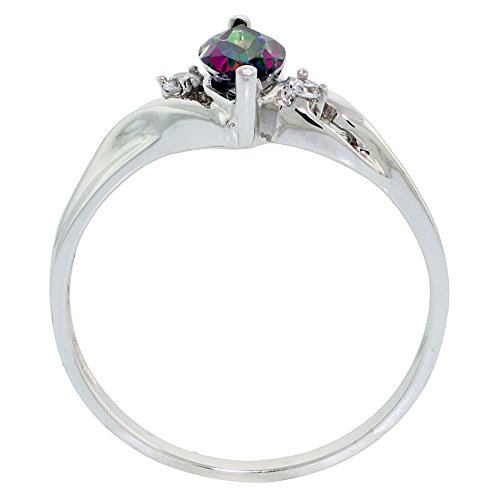 Dainty 10k White Gold 8x4mm Marquise cut Mystic Fire Topaz Ring for Women CZ accent 3/8 inch wide size 5.5