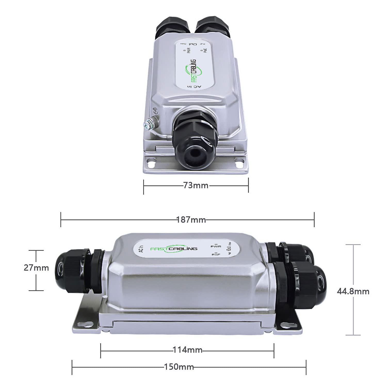 FASTCABLING 60W Outdoor Industrial PoE Injector IP67 Waterproof for Mesh Network, 100-240 VAC Input, Robust Power Supply for PoE Devices Under Harsh Environment, IEEE802.3at/bt, Plug and Play.