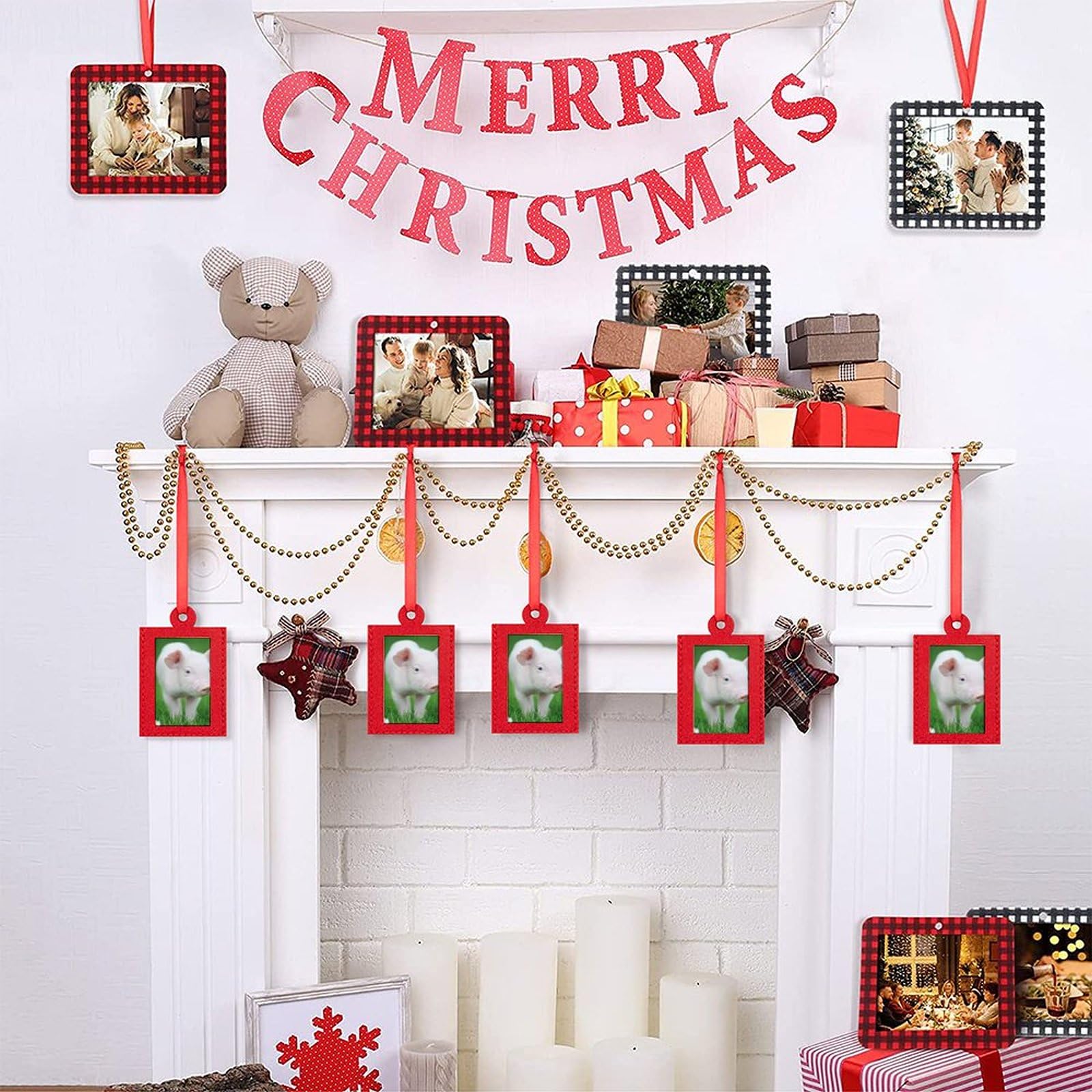 Cute Pig Christmas Photo Ornament Frame Red Picture Frame for Xmas Tree Hanging Decoration
