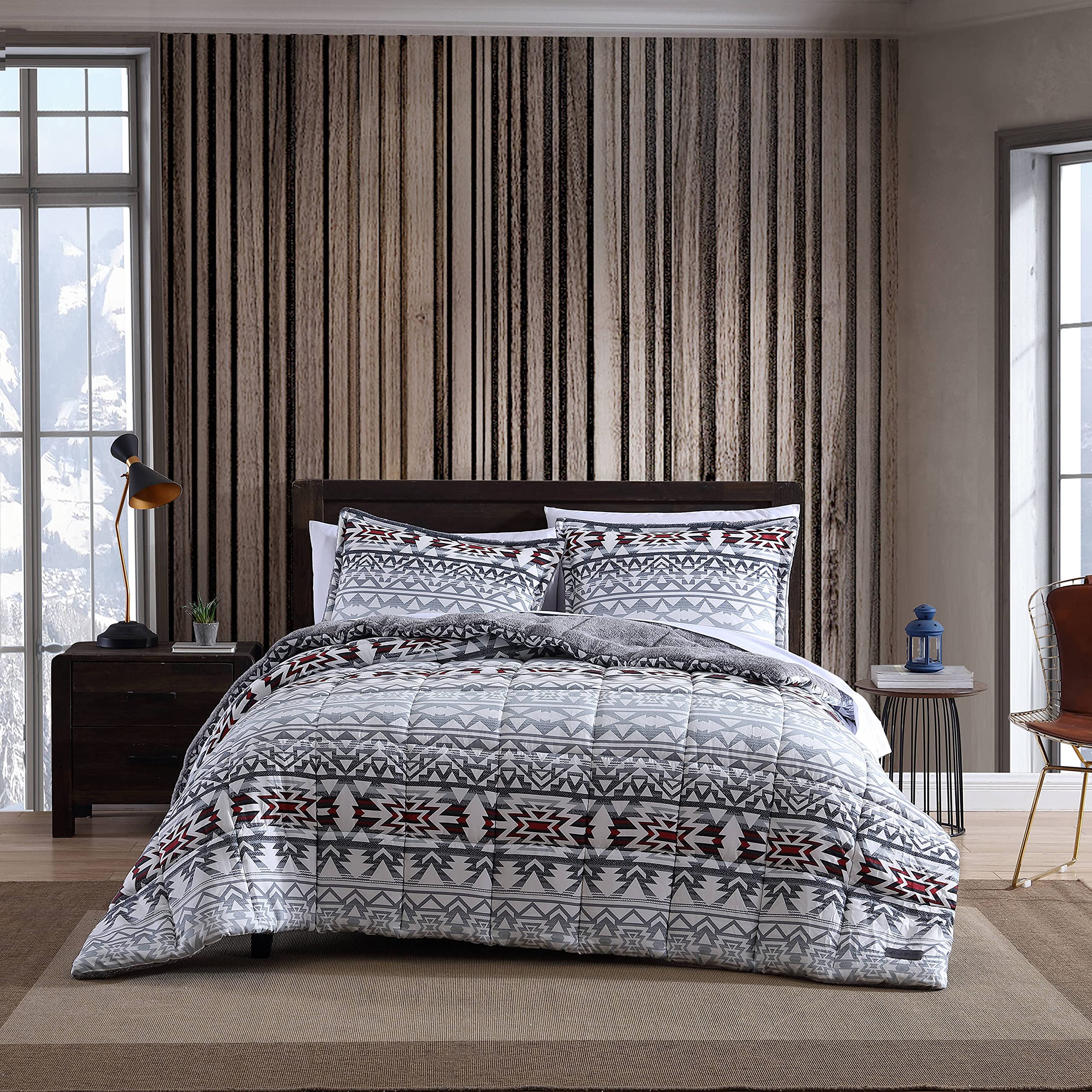 Eddie Bauer Home | Clyde Hill Collection | Comforter Set - Soft & Cozy, Medium-Weight, Sherpa Reverisble Bedding with Matching Shams, Queen, Grey