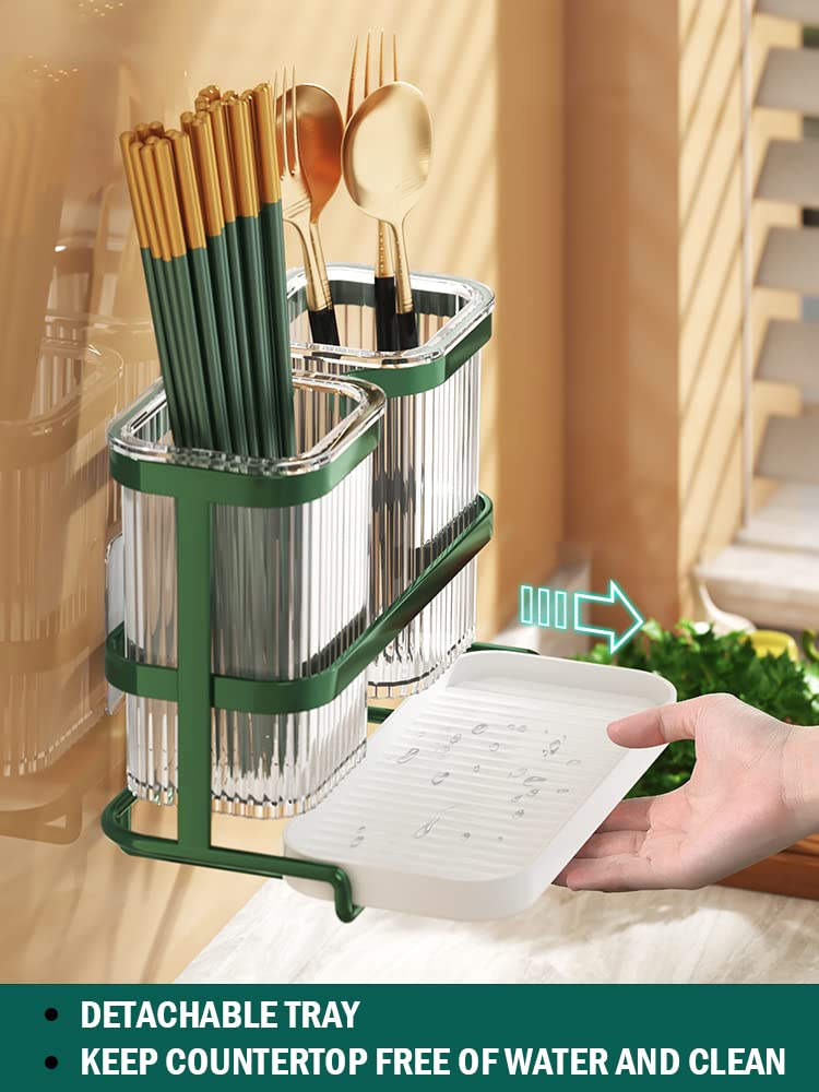 FEIJSQIU Utensil Holder with 2 Compartments Cooking Utensil Holder for Cooking Tools Storage and Utensil Organizer Utensil Drying Rack has Tray at Bottom for Easy Drainage.Clean Easy (Green)