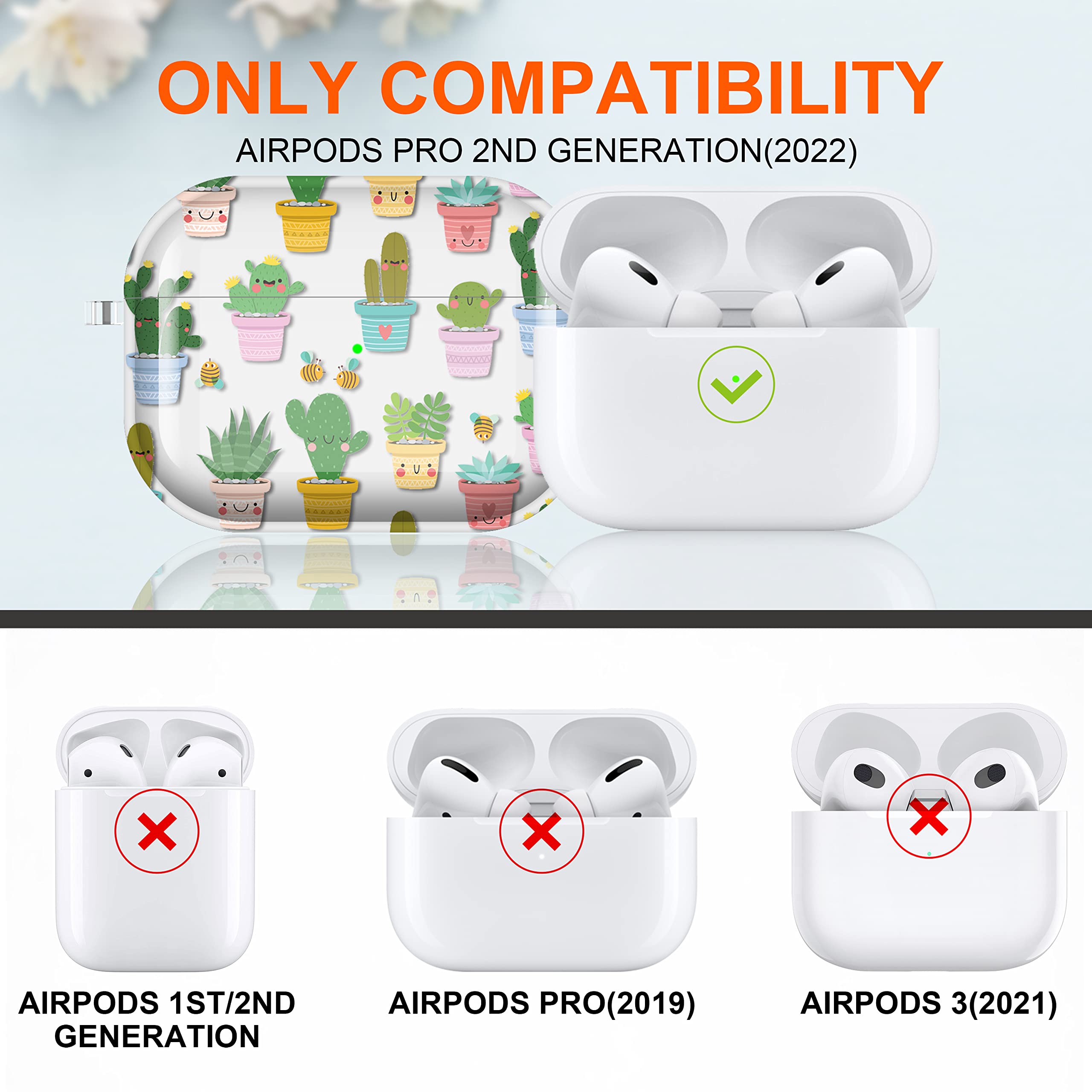 Maxjoy for Airpods Pro 2nd Generation Case Cover, Clear Cactus AirPod Pro 2 Case for Women Cute Protective iPod Pro 2 Cover with Keychain for AirPod Pro 2nd Gen Case 2023/2022, Transparent