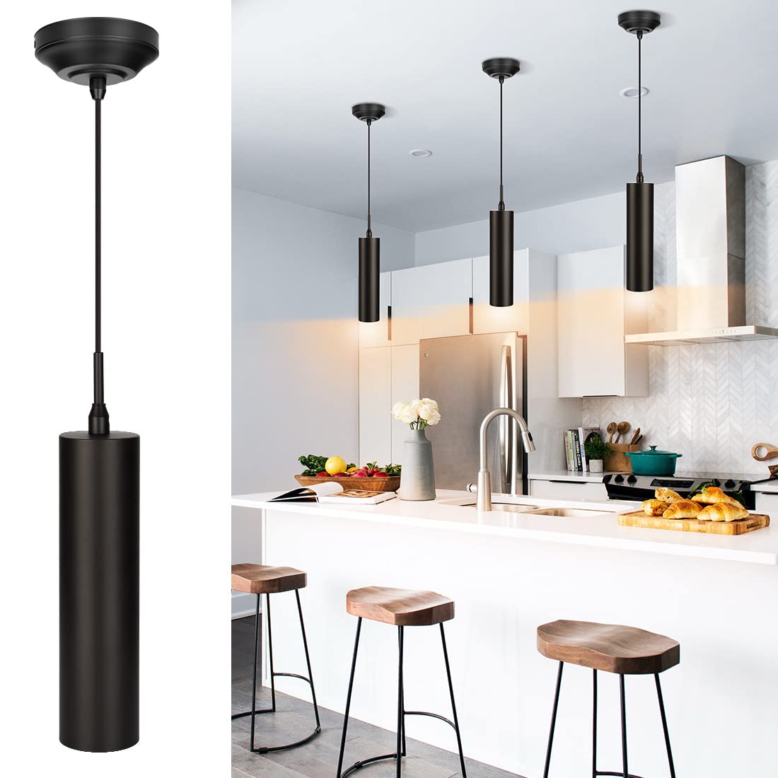 DAKASON Black Pendant Light, LED Modern Pendant Light Fixture for Kitchen Island, Industrial Pendant Lighting for Dining Room, Vintage chandelier to Decor Living Room, Hallway (1Pack)