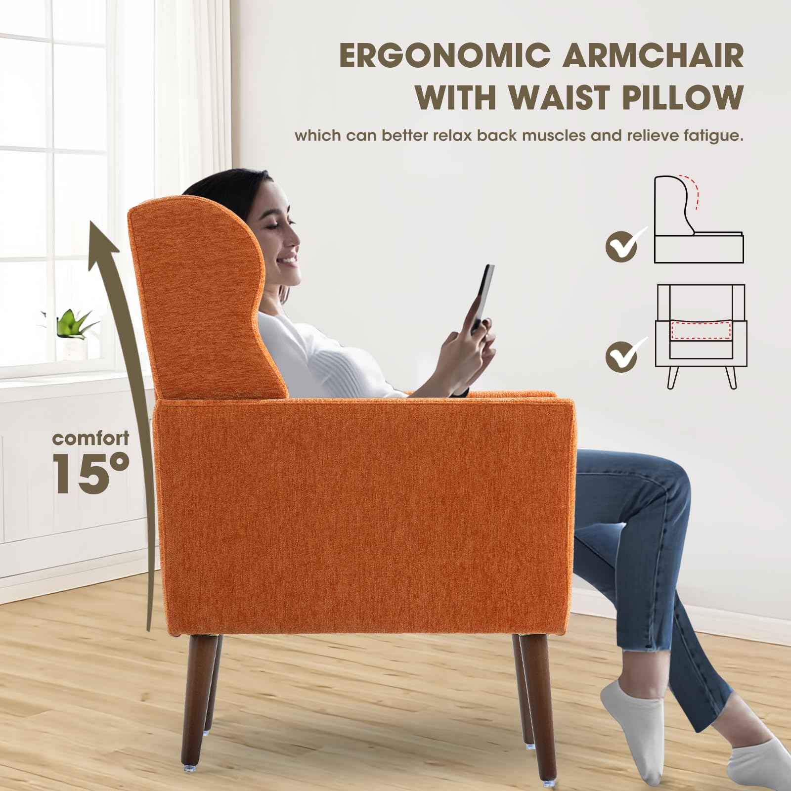 cinkehome Accent Arm Chairs for Living Room, Chenille Upholstered Mordern Armchair, Comfy Soft Padded Lounge Chair in Small Spaces, Bedroom, w/Pillow, Solid Wood Leg, Orange