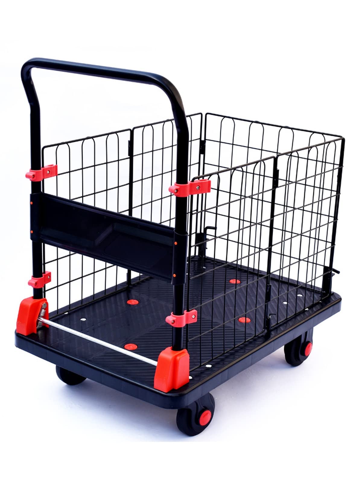 Folding Platform Carts with Wheels,Folding Mesh Cage cart with Detachable Collapsible Fence,Portable Handling Platform Dolly Cart for Luggage,Material Transport Truck ,Load 330LB