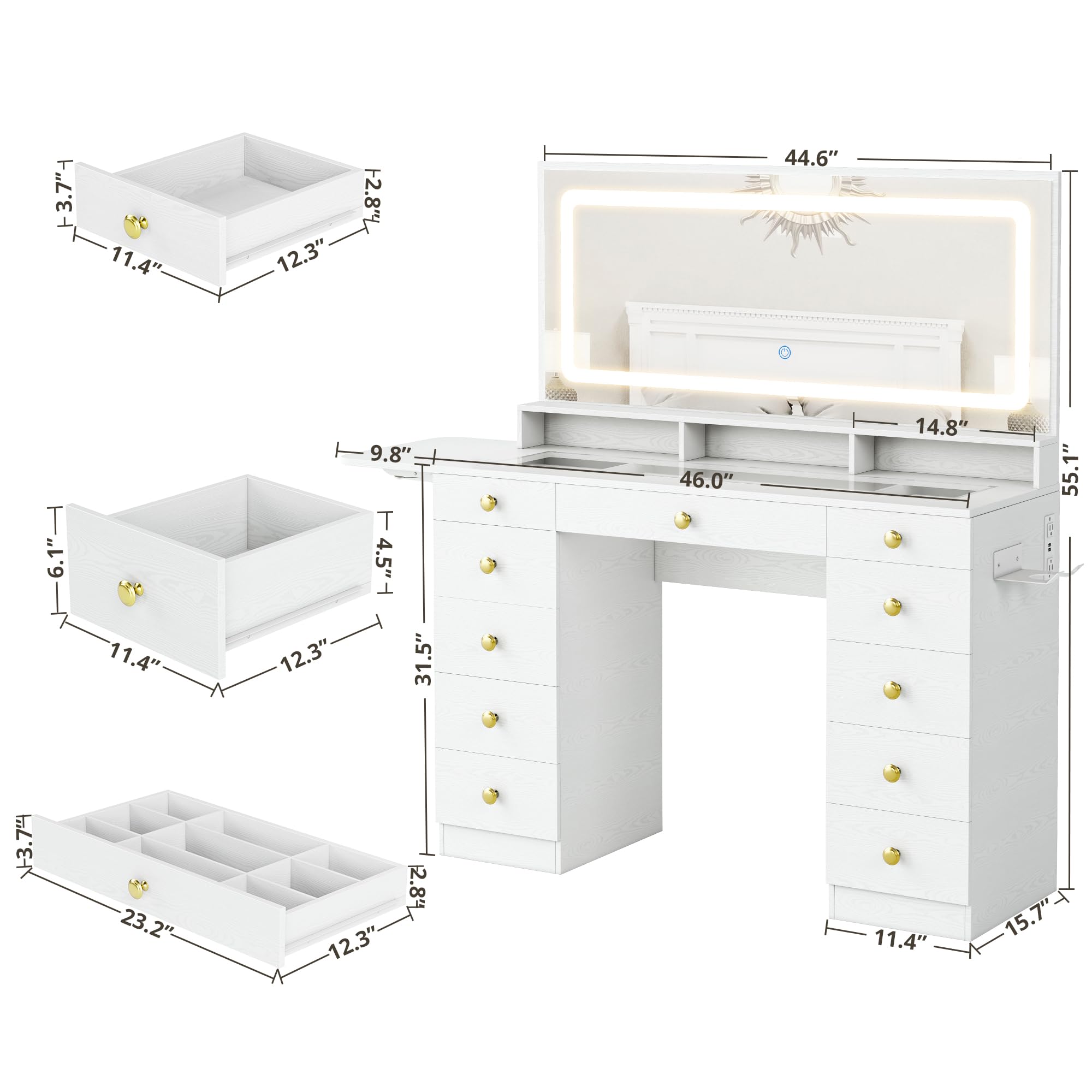 IRONCK Vanity Desk with Mirror and LED Lights, Makeup Vanity with 11 Drawers and Power Outlet, 45" Glass Top Vanity Table with Storage Stool, Adjustable Brightness, Vanity Set for Bedroom, White