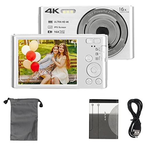Compact Camera, 48MP Image Resolution Built in Fill Light Compatible 256GB Memory Card Rechargeable Lithium Ion Battery 4K Digital Camera for(Silver)